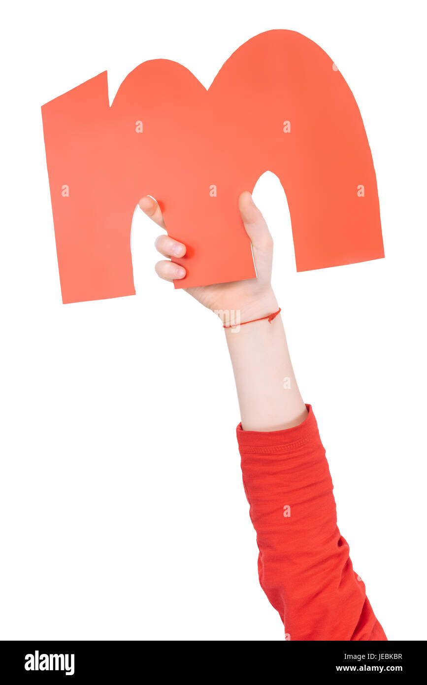 Kid holding colorful alphabet letter M in hand isolated, alphabet ...