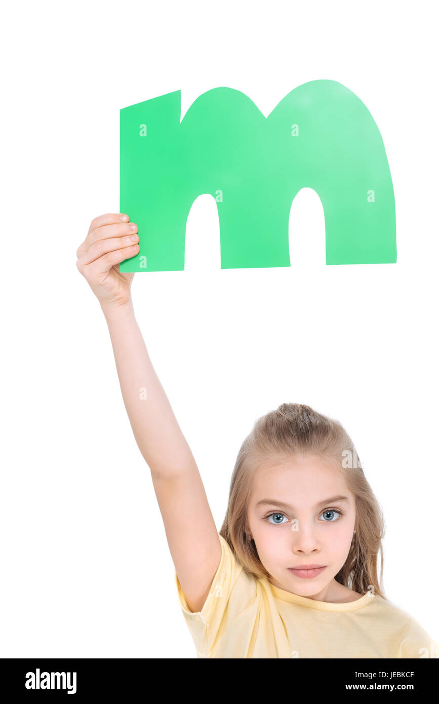 Beautiful girl holding alphabet letter over head isolated, alphabet ...