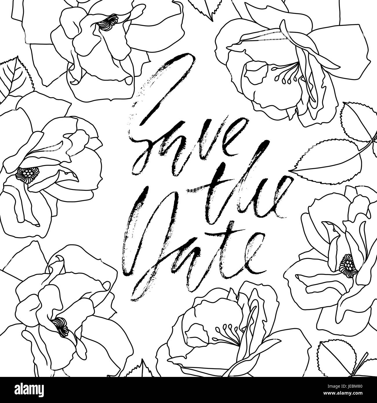 Save the date. Brush calligraphy, handwritten text with floral frame ...