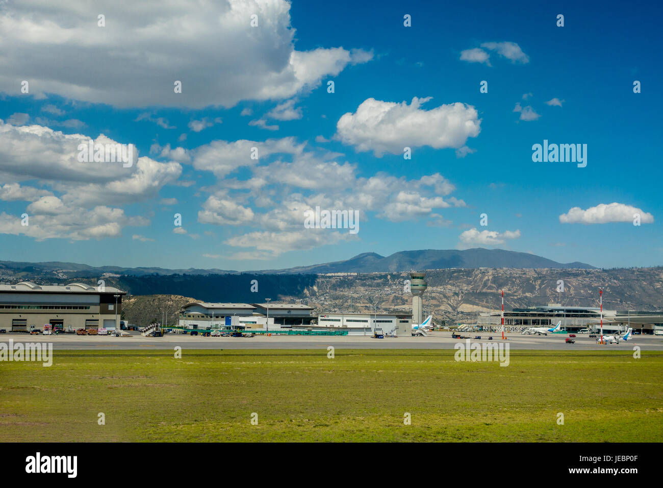Airport on the island of Baltra in the Galapagos in a beautiful sunny ...