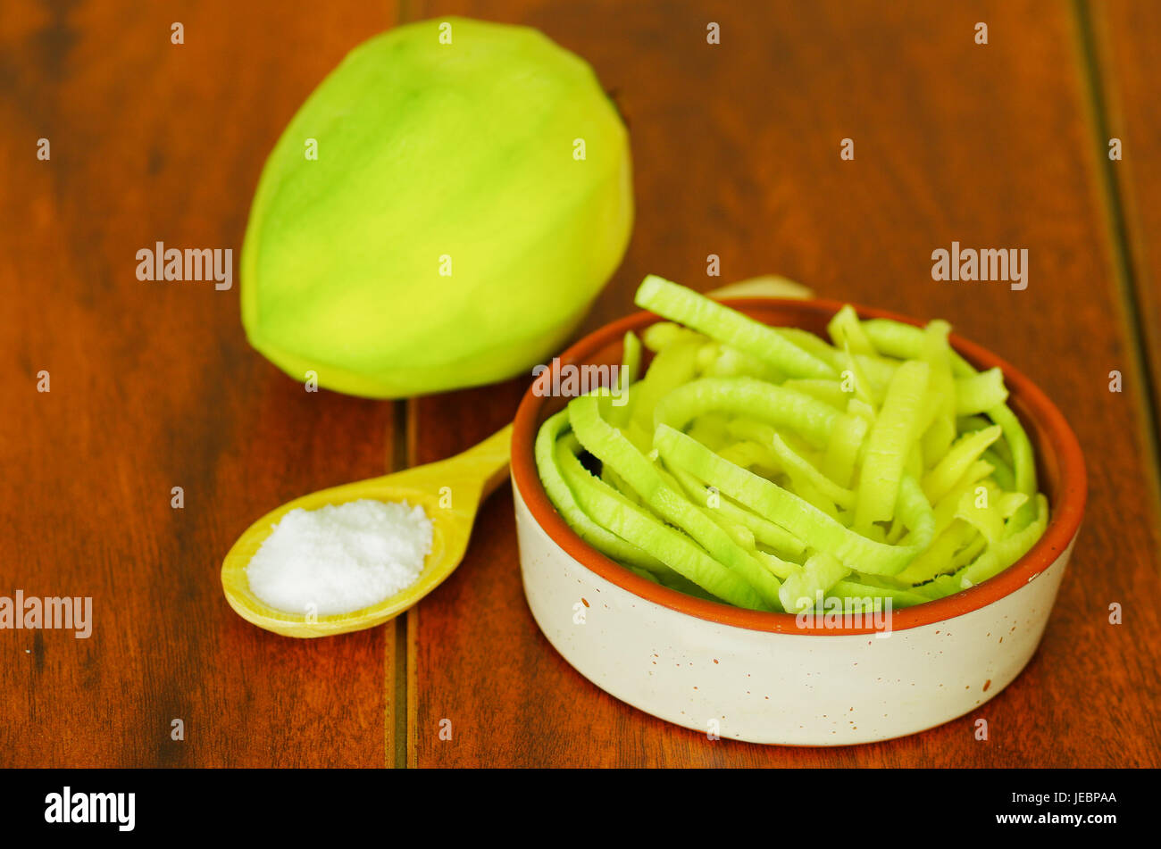 Close up shot of small sliced mango served with salt on a plate Stock ...