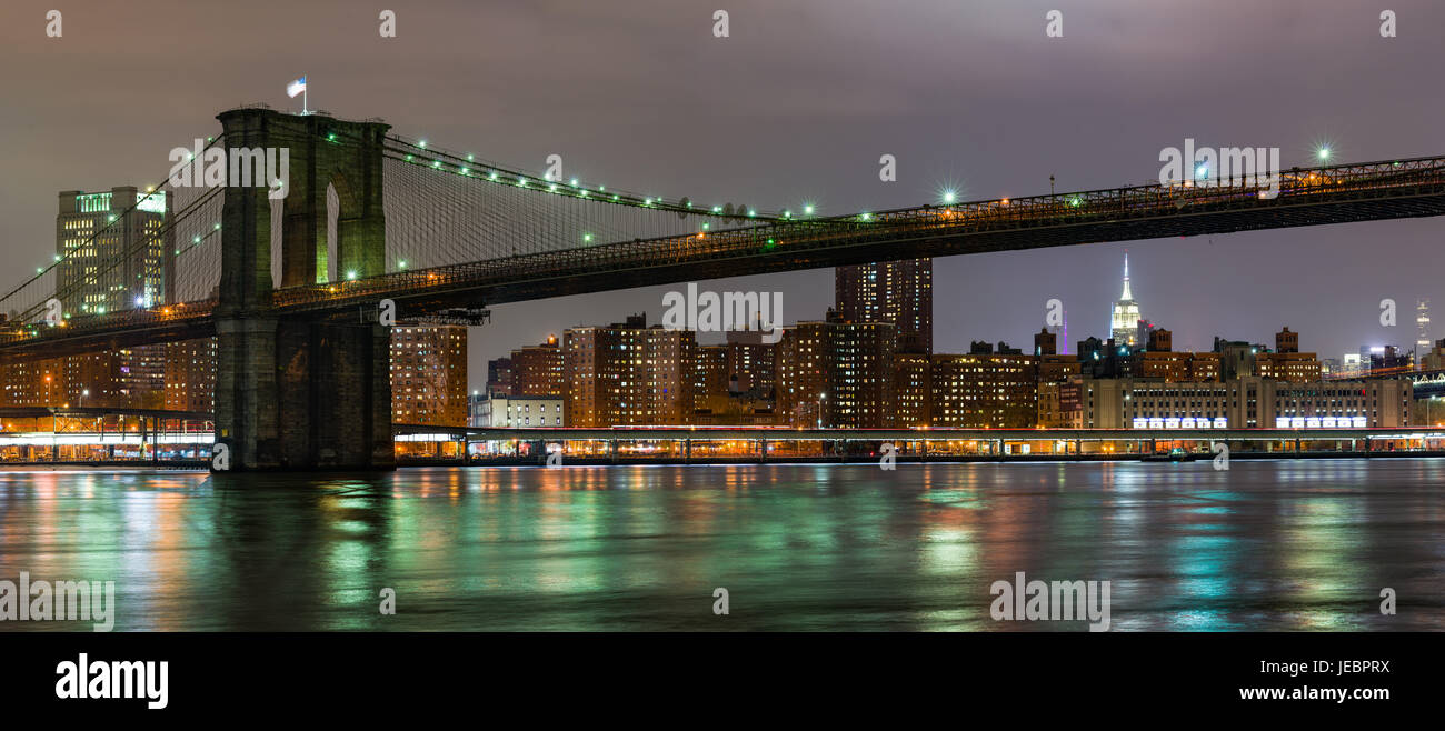 Brooklyn Bridge And Empire State Building Panorama at night with East ...