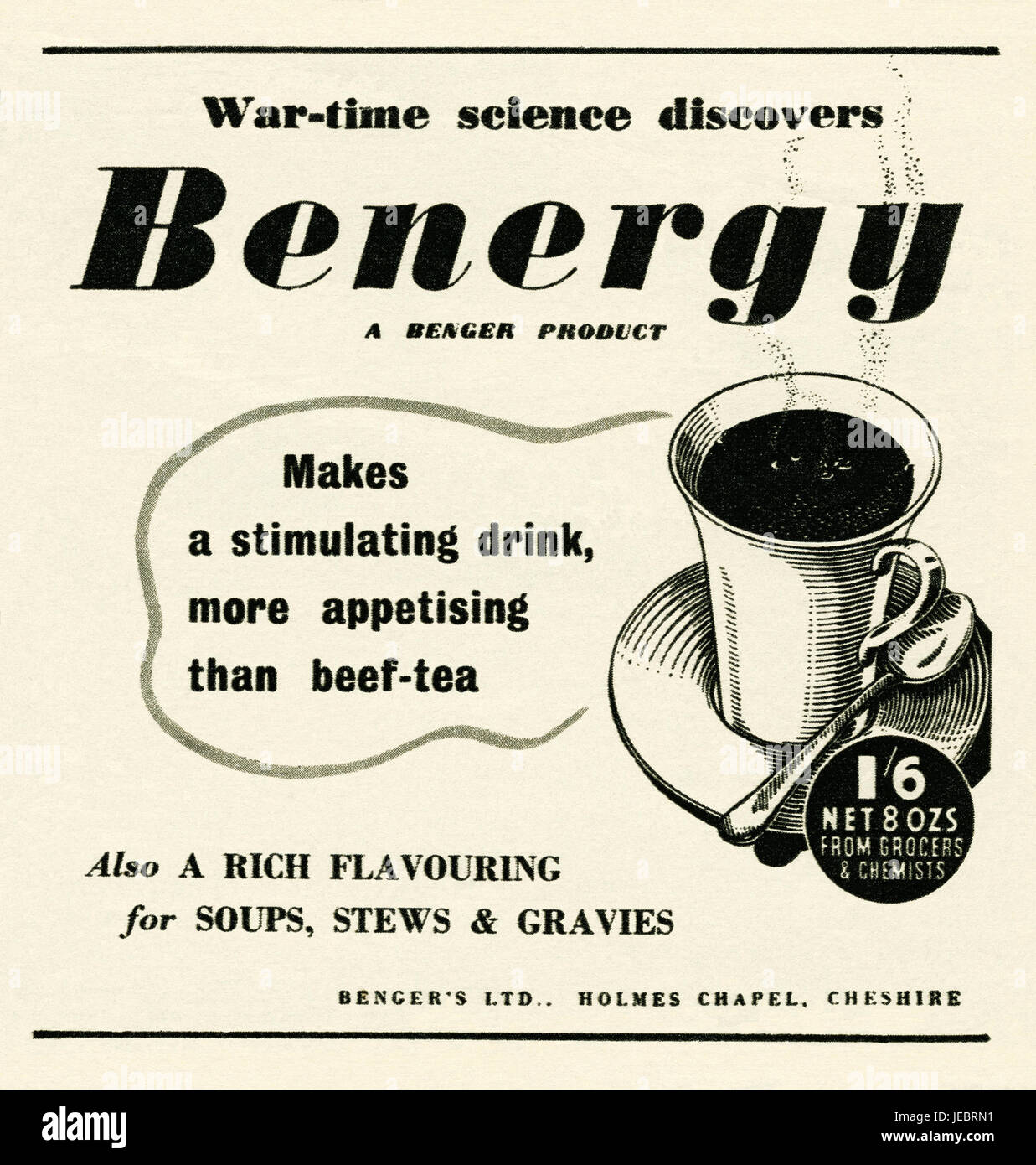 An advert for Benger's 'Benergy', a beef-tea type hot drink and savoury ...