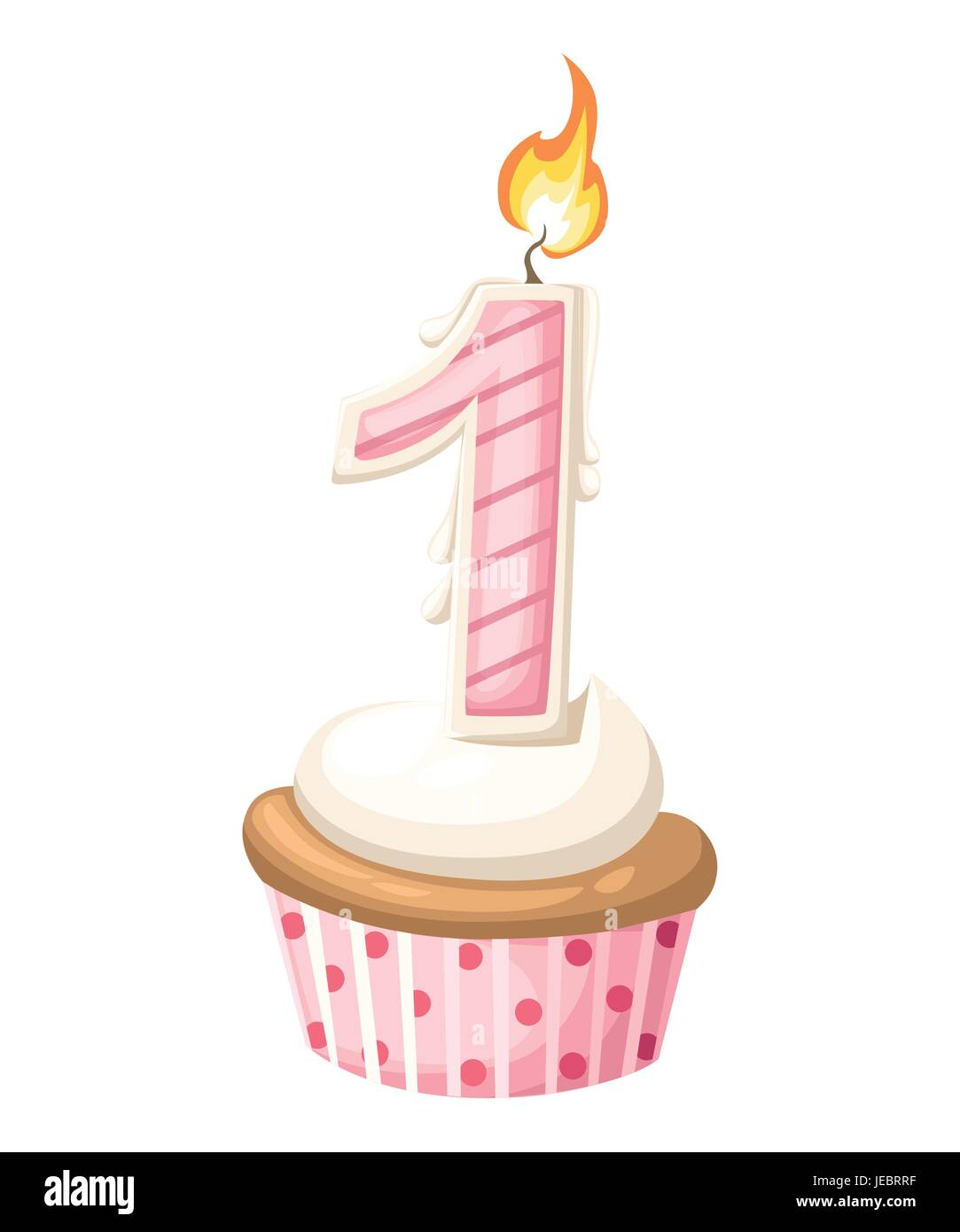Happy First Birthday girl card with cupcake and candle in flat design ...