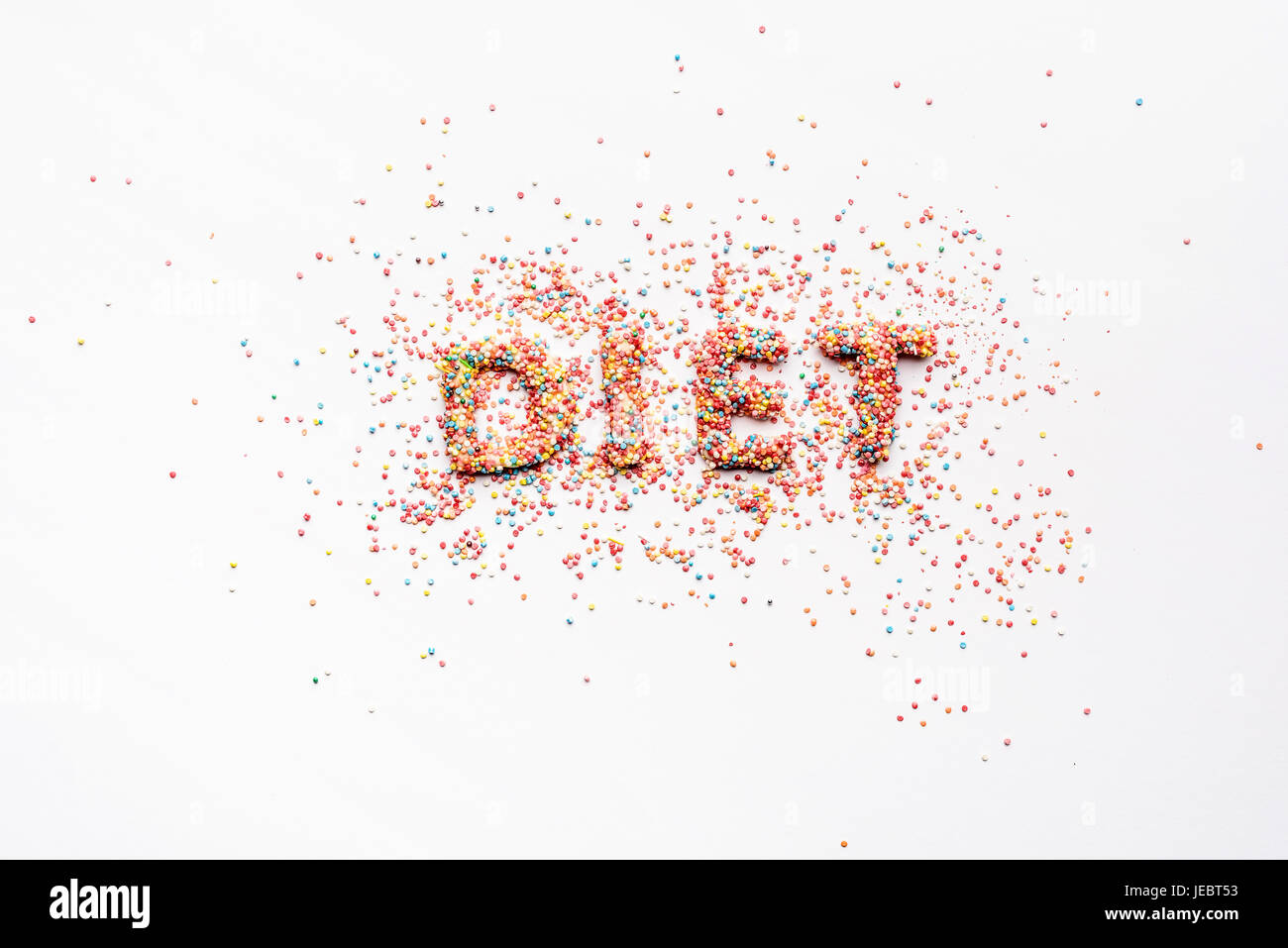 Top view of word diet made from sweets isolated on white, healthy ...