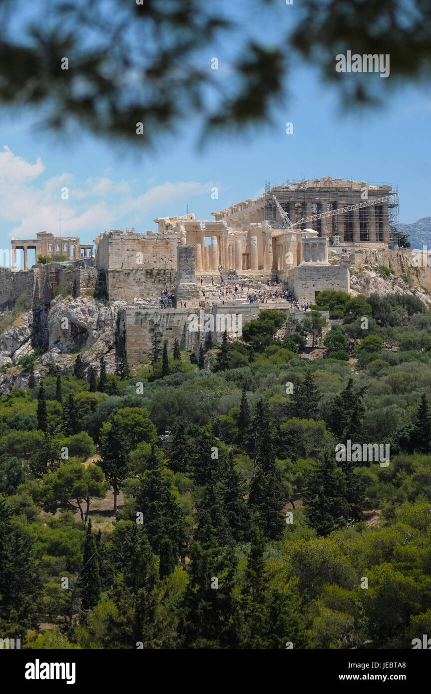General view of the Parthenon Hill from the gardens of Philopappou Hill ...