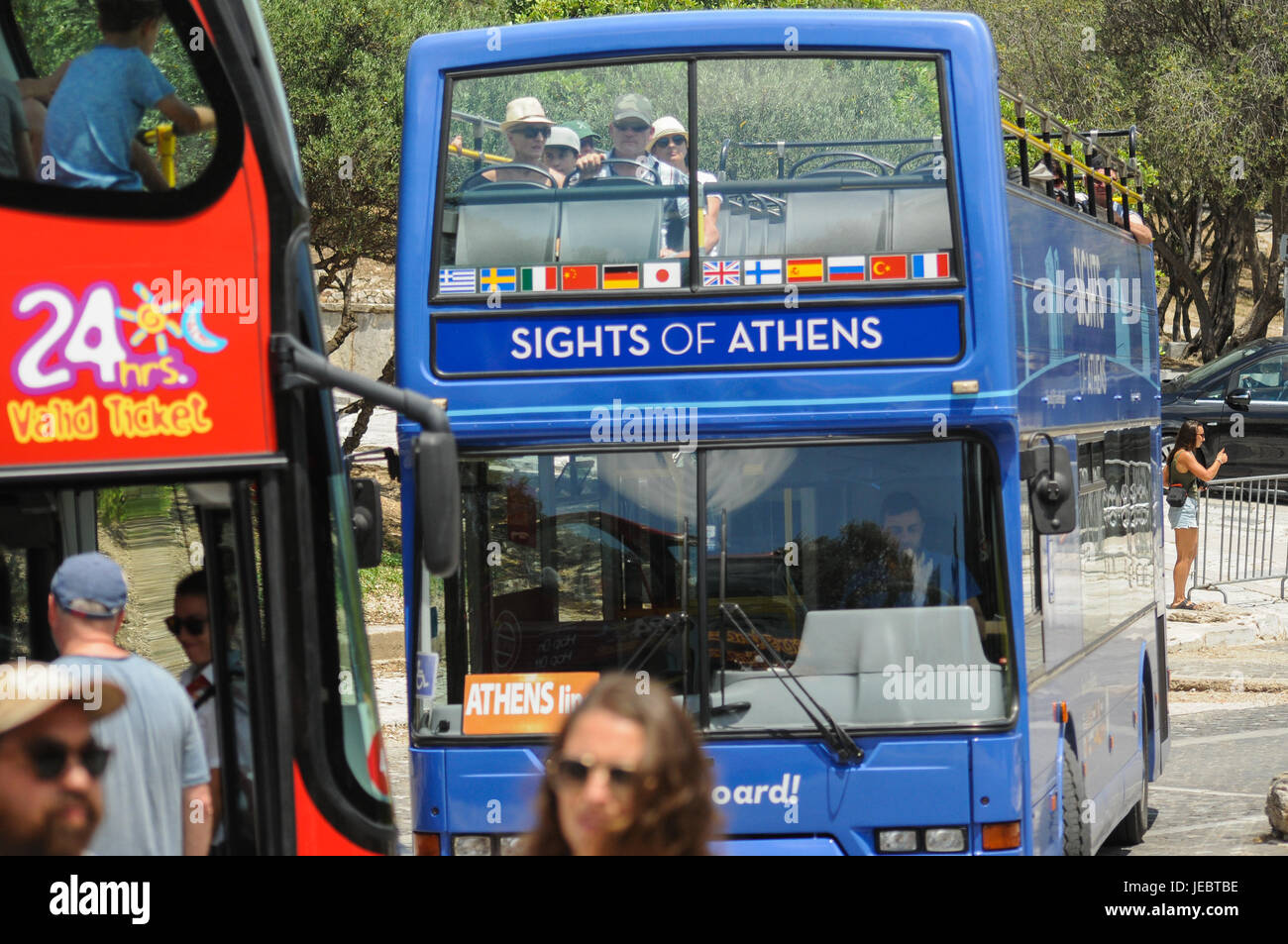 Touristic busses at Parthenon archeological site, in Athens (Greece ...