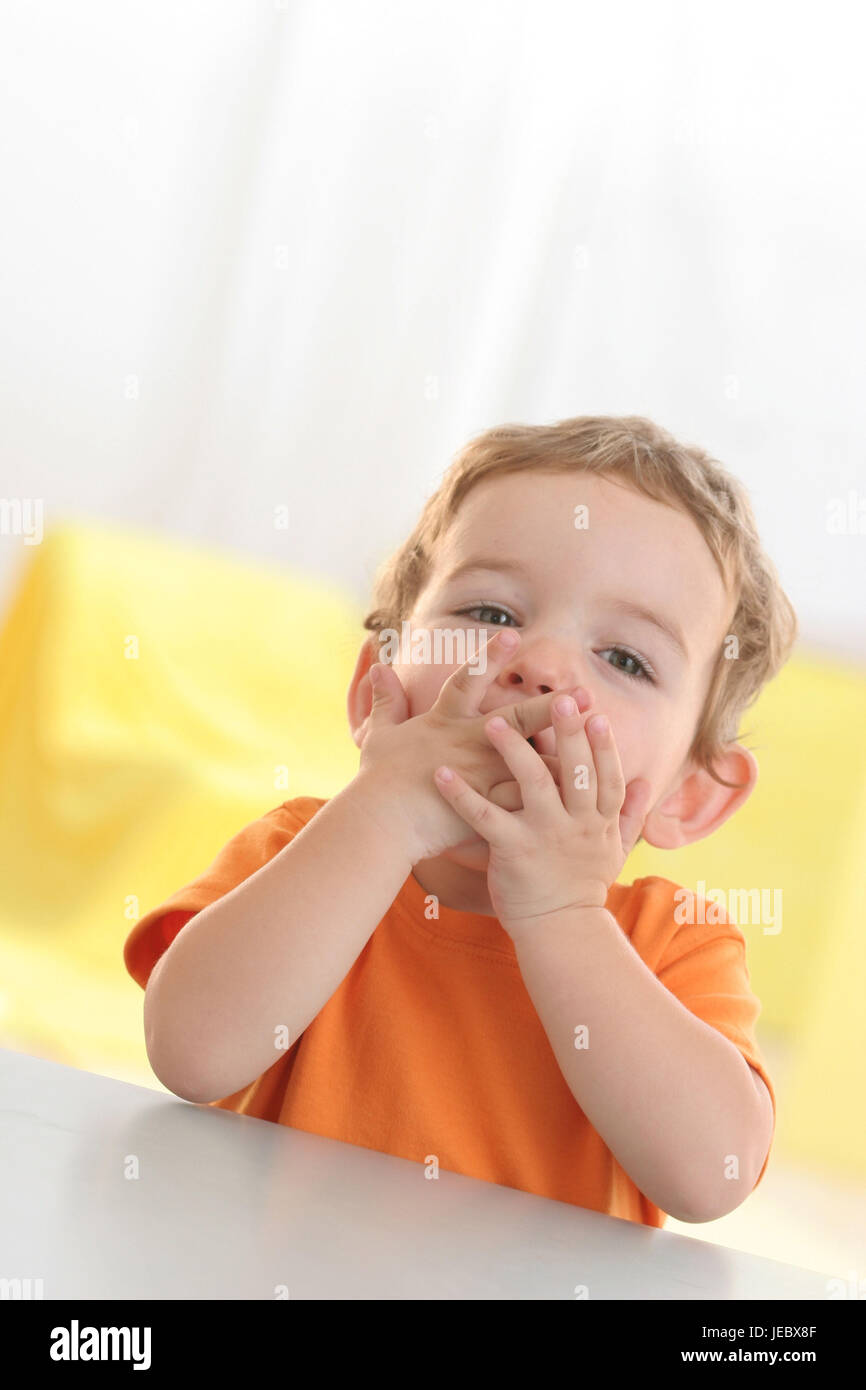 Infant, 2 years, play, gesture, hands, mouth, portrait Stock Photo - Alamy