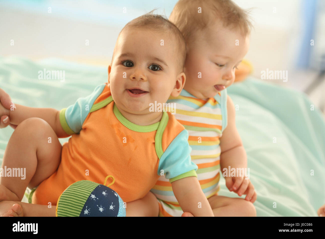 Babies, two, 7 months, smile, play friends, ball, dressed, discoveries ...