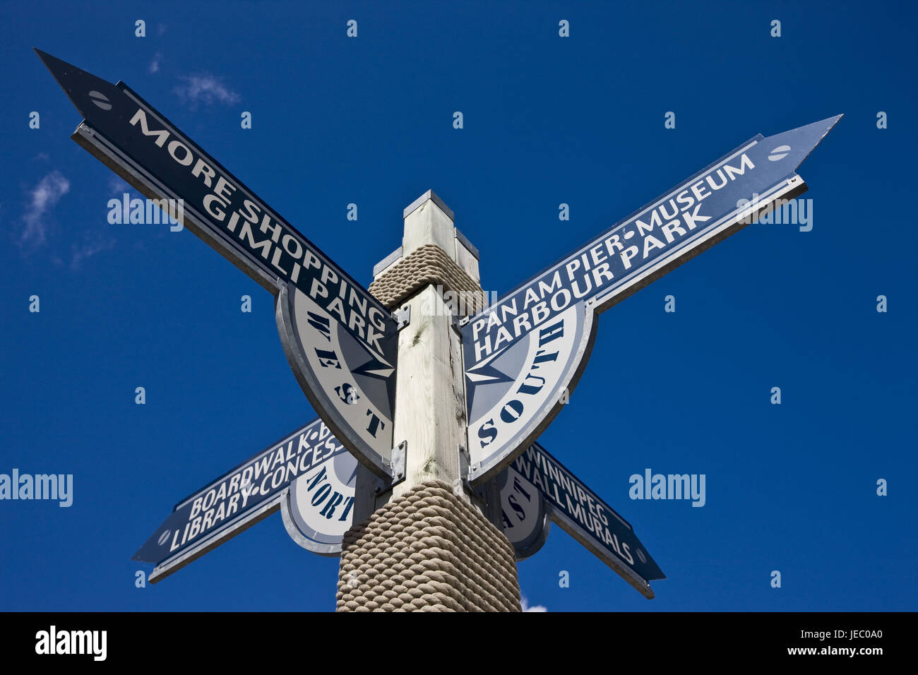 Canada, Manitoba, Gimli, harbour, quay, sign tree, signpost ...