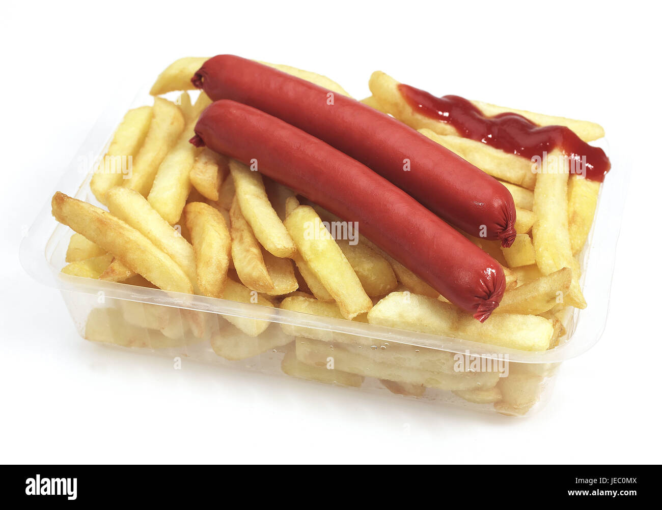 Small sausages, chips, white background Stock Photo - Alamy