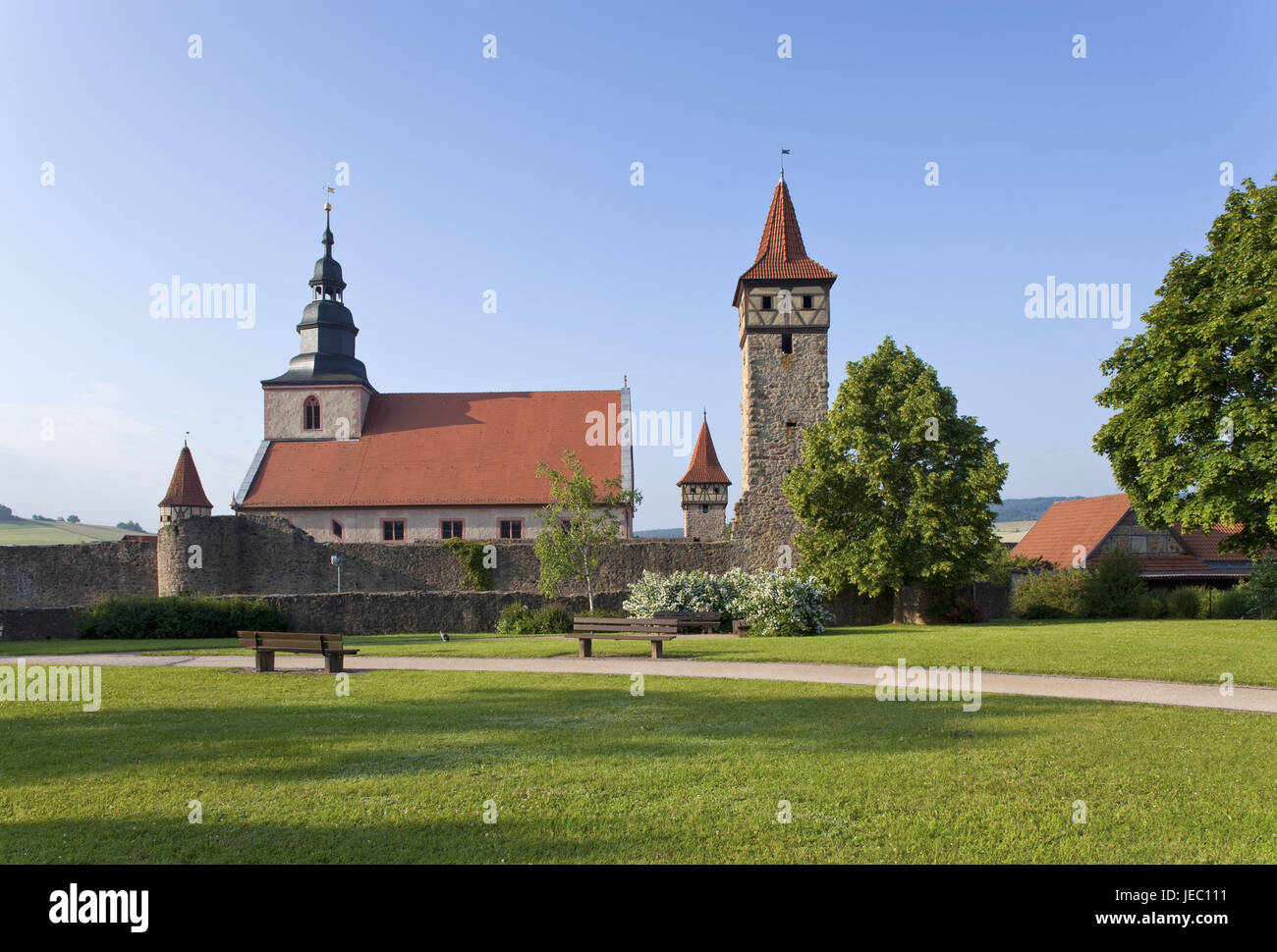 Church castle at east home before the Rhön, Franconia, Bavaria, Germany ...