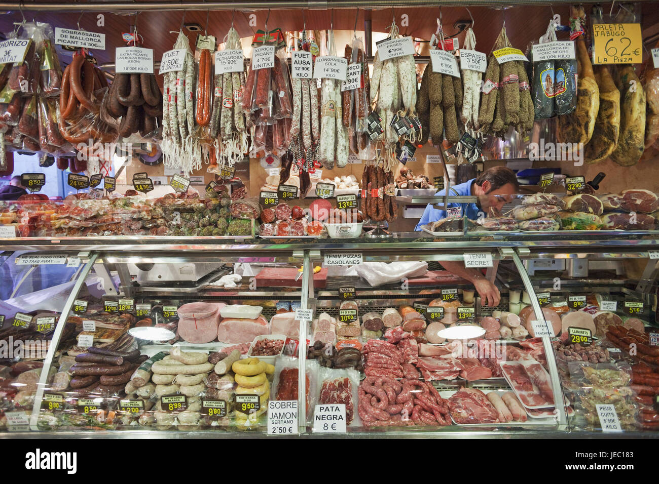 Spain, Barcelona, Mercat de la Boqueria, butcher's shop, expense ...