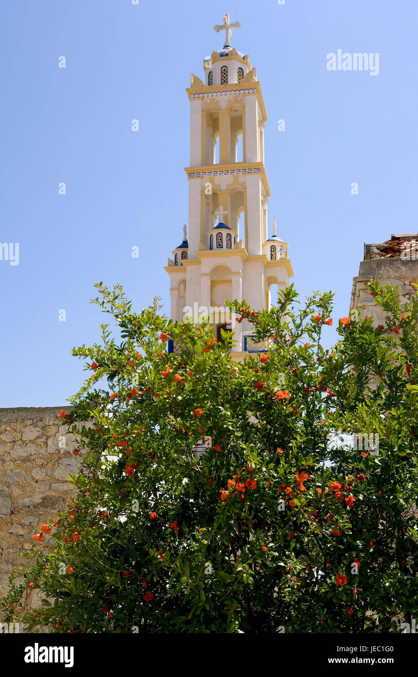 Greece, island Chalki, principal place Emborio, bell tower, fishing ...