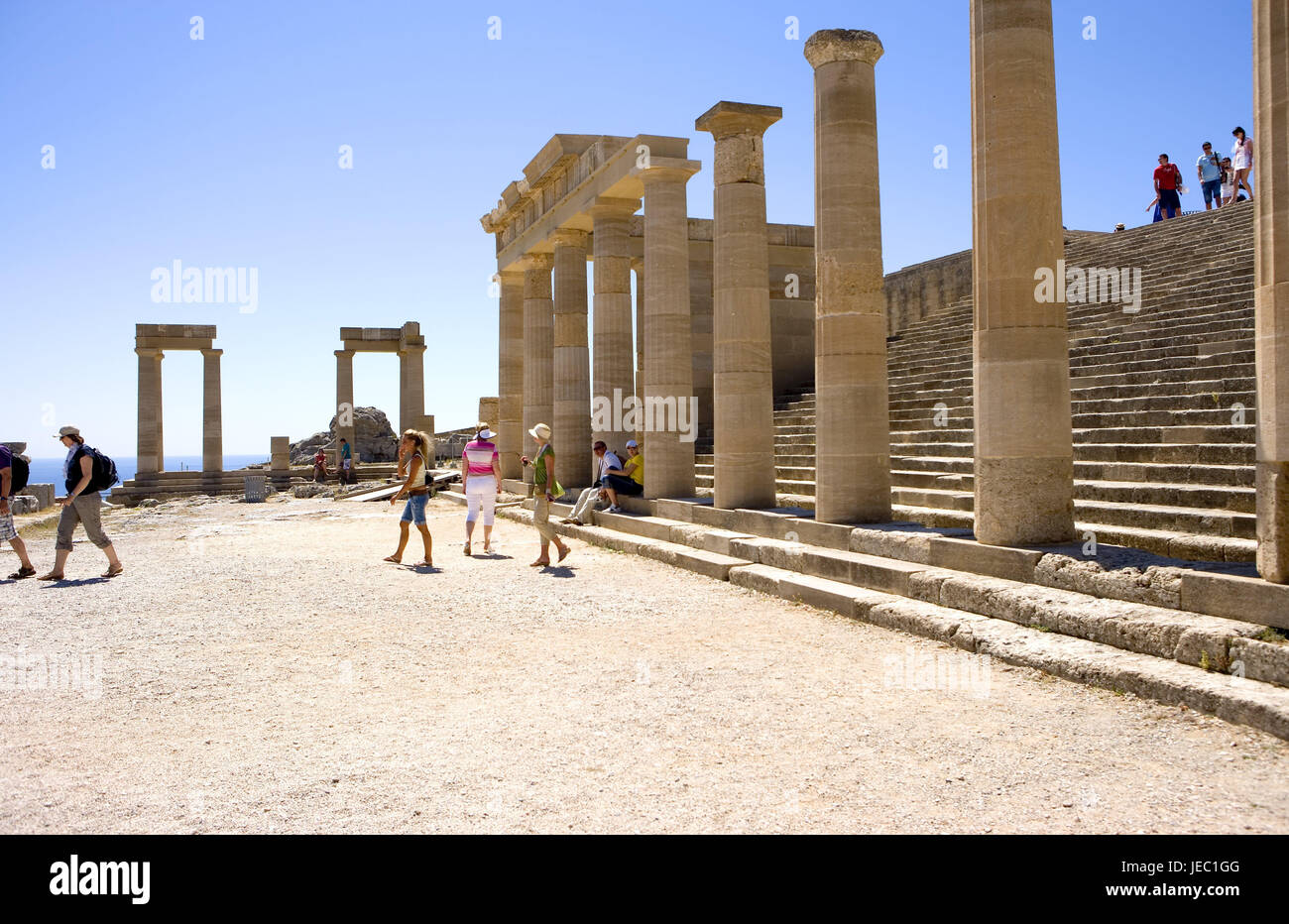 Greece, Rhodes, Lindos, Acropolis, Stoa, tourist, portico, pillars ...