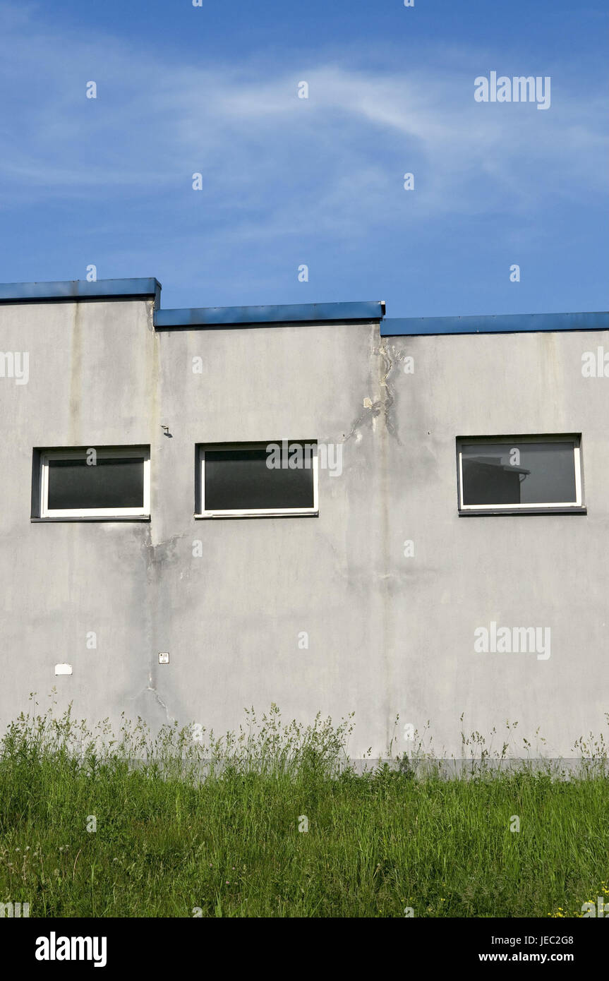 Wall of a house, window, grass, fissure, grey, conception, wall ...