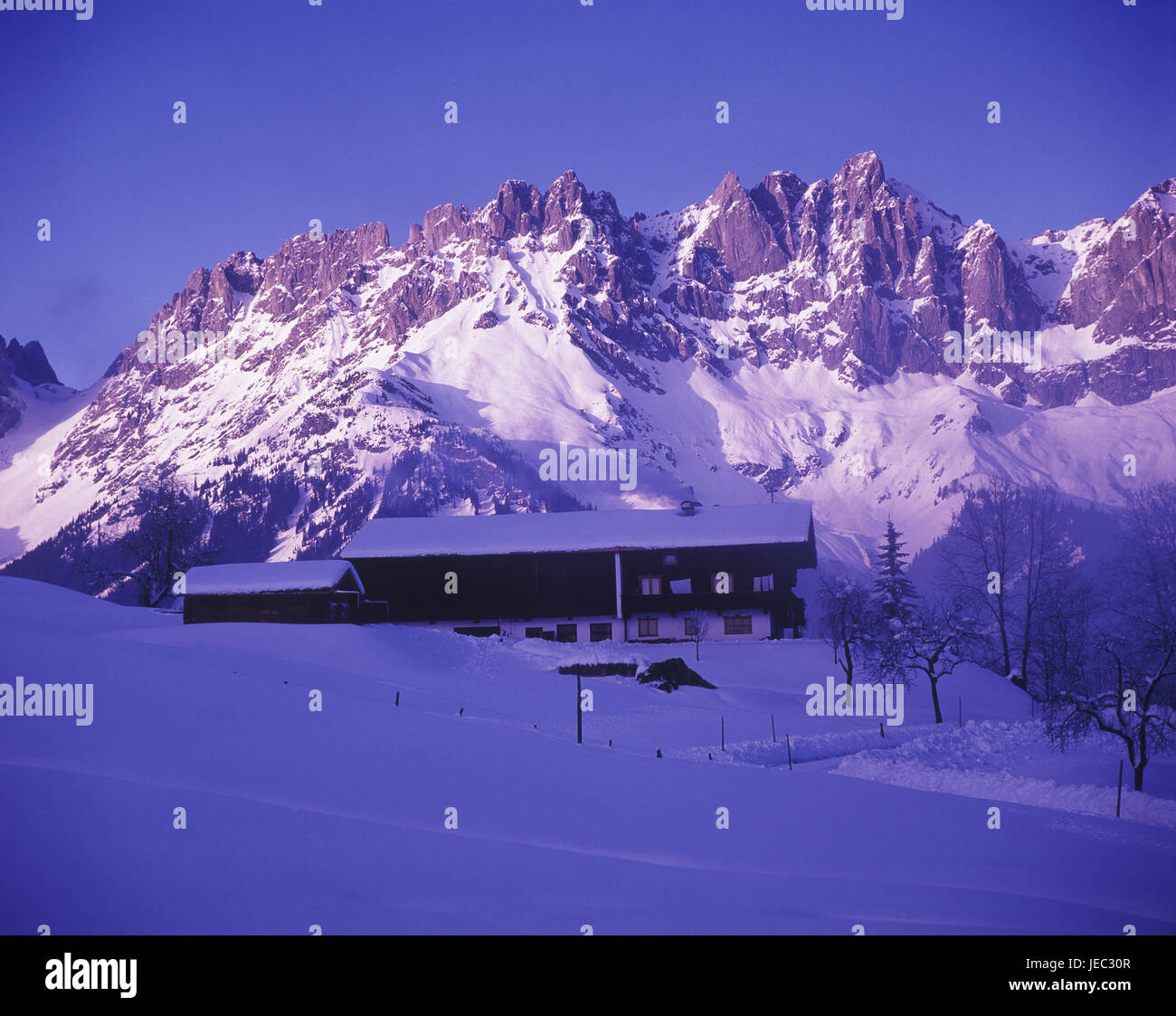 Austria, Tyrol, farm with Going, against Ackerlspitze and Wilder Kaiser ...