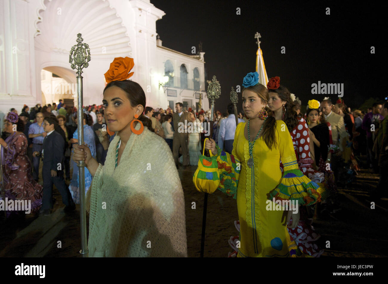 Spain, Andalusia, el Rocio, Romeria, women in festive national costume ...