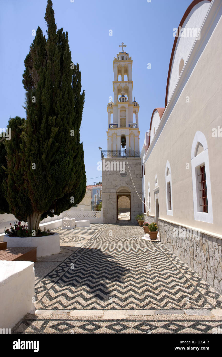 Greece, island Chalki, principal place Emborio, bell tower, fishing ...