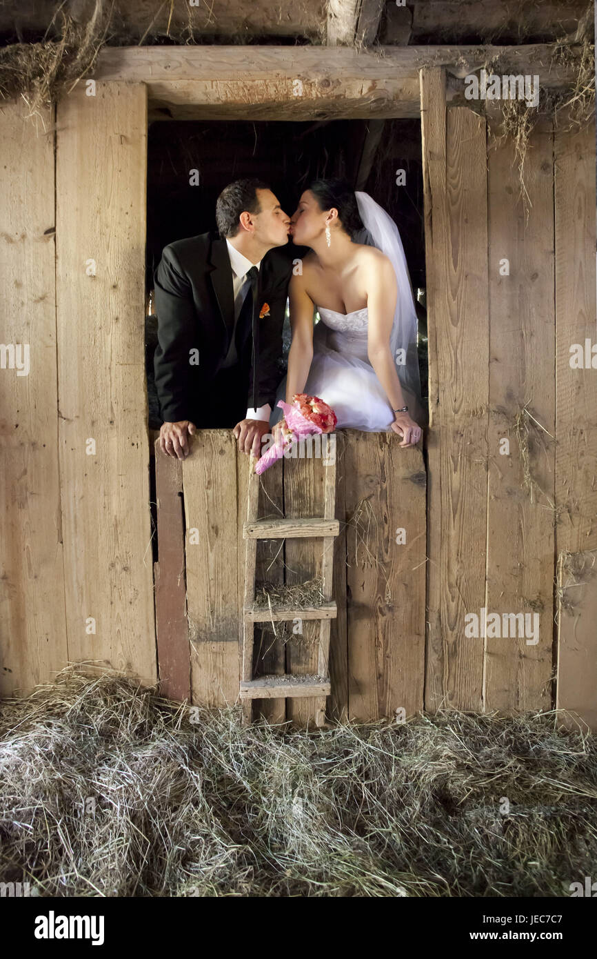 Bride and groom, barn, happily, kiss Stock Photo - Alamy