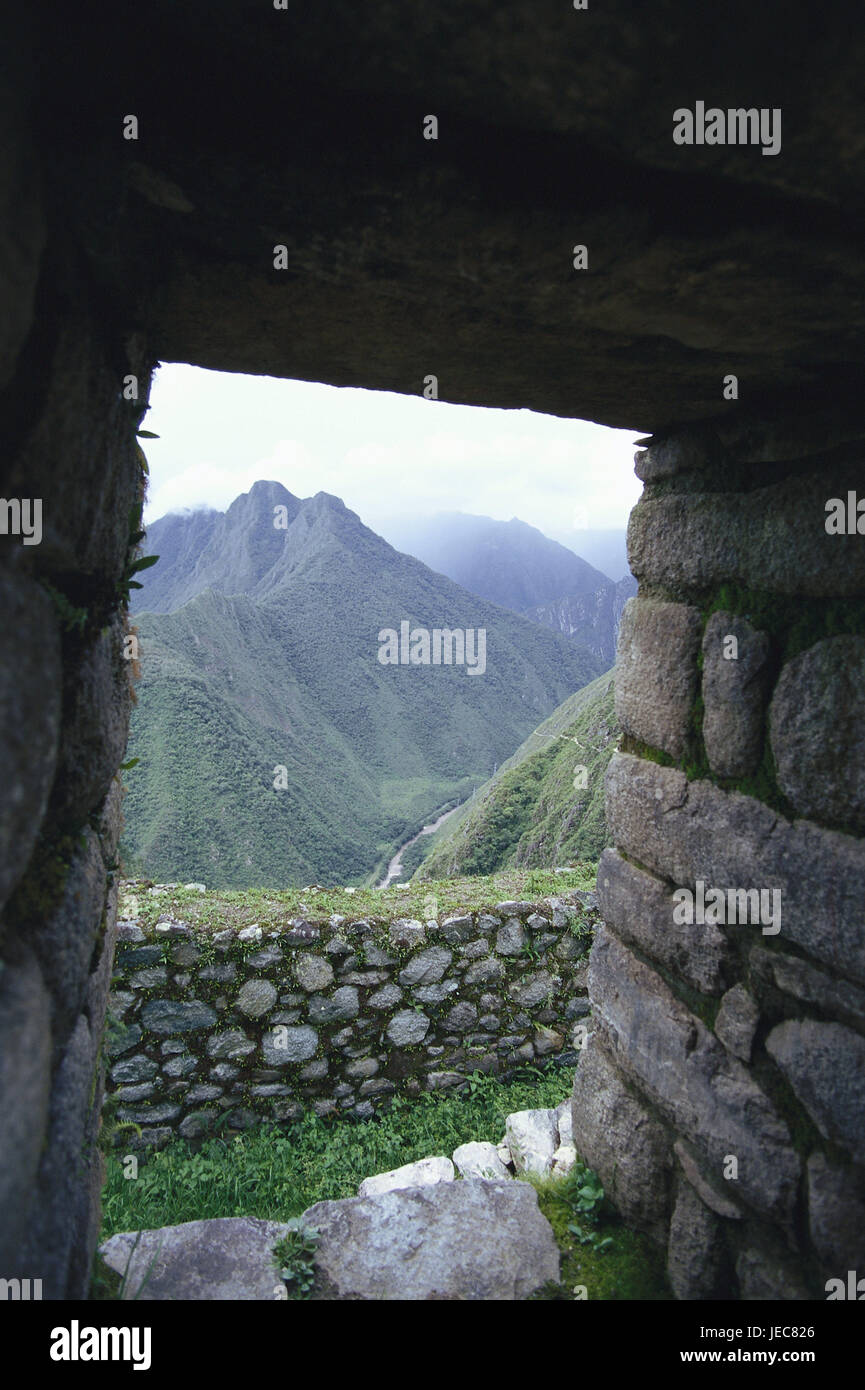 Peru, Machu Picchu, mountains, hill, ruin, window, valley view, river ...