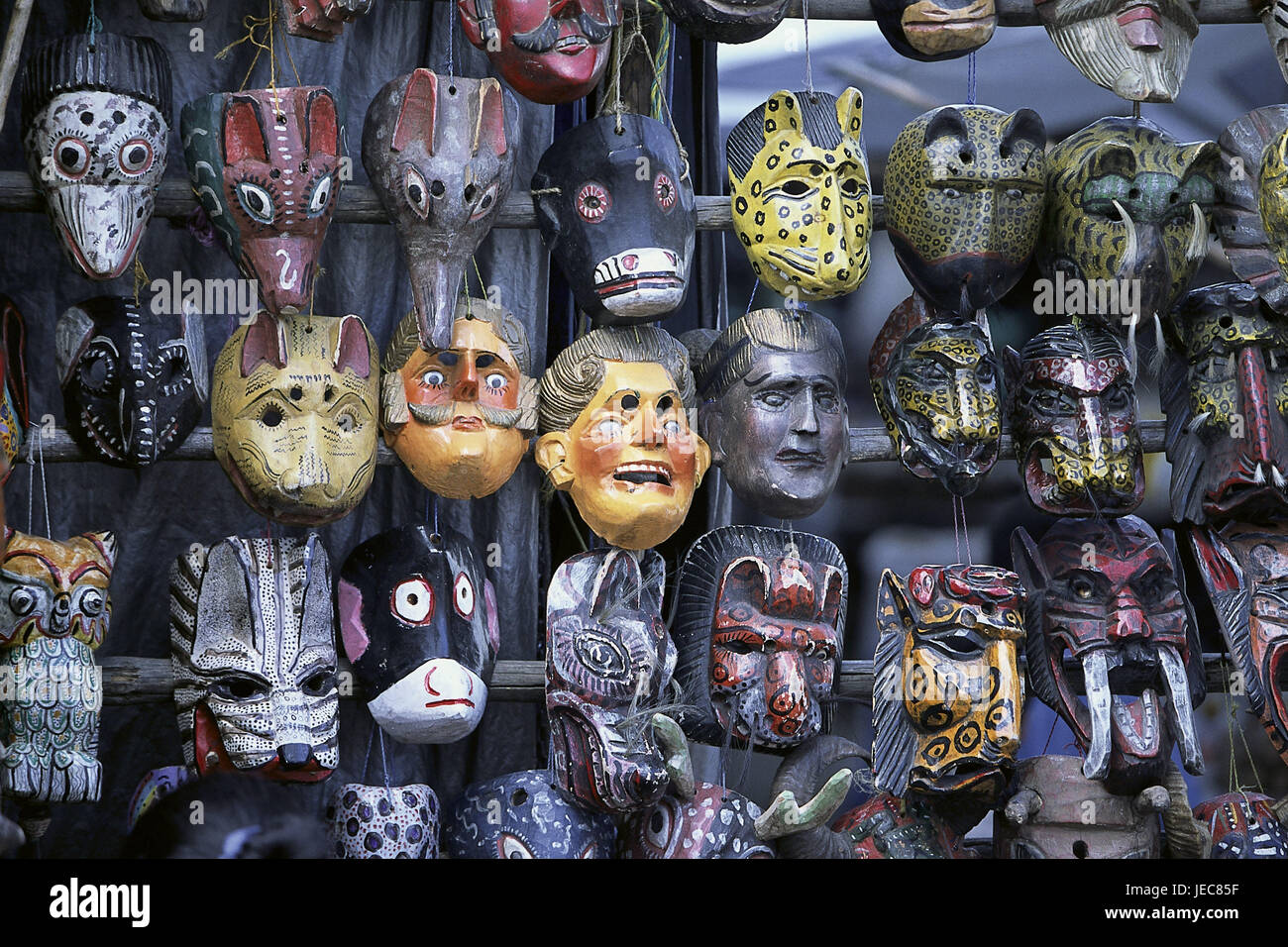 Guatemala, Chichicastenango, market, wooden masks, detail, Central ...