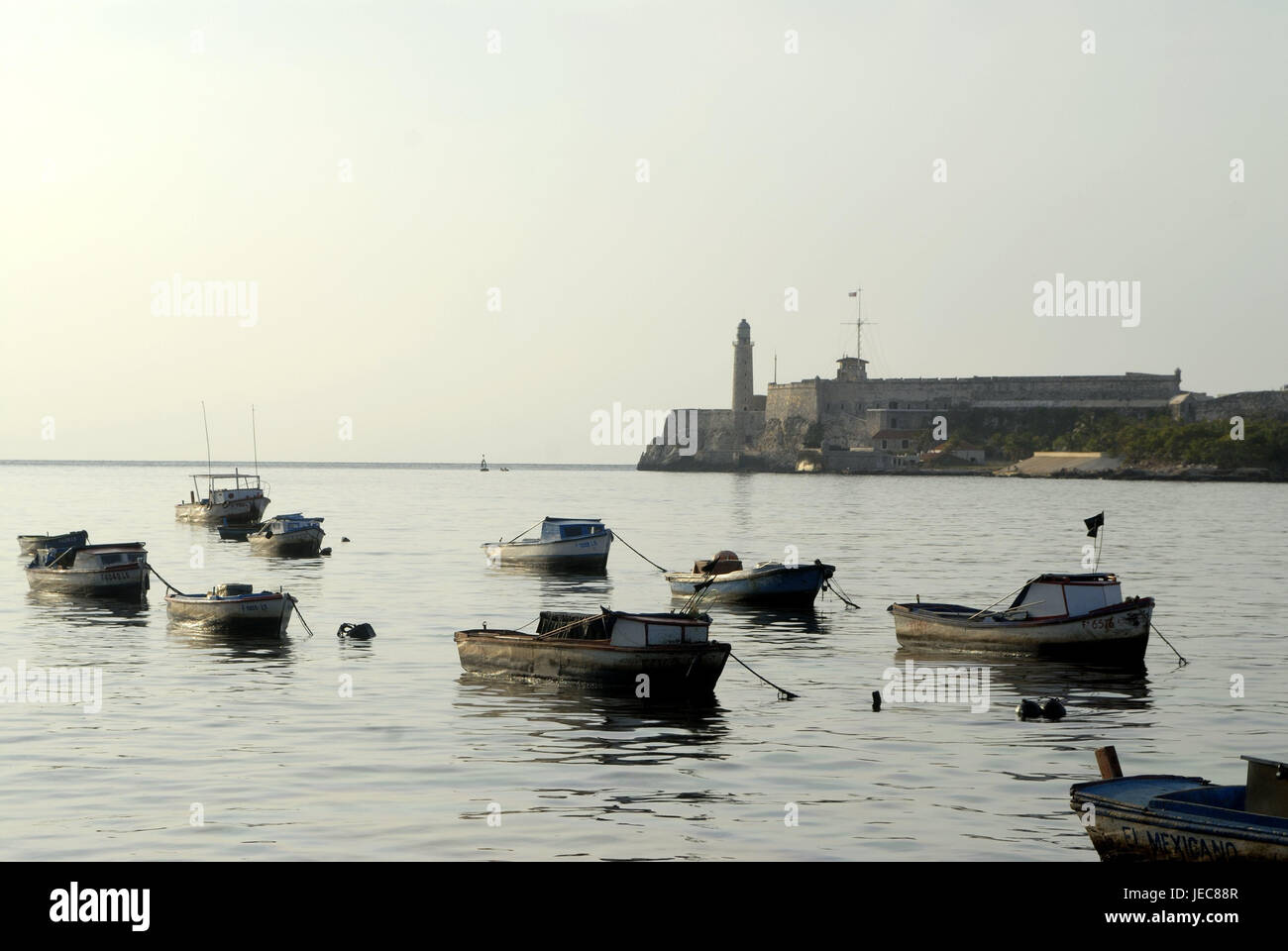 Cuba, Havana, bay, fishing boats, anchor, evening sun, the Caribbean ...