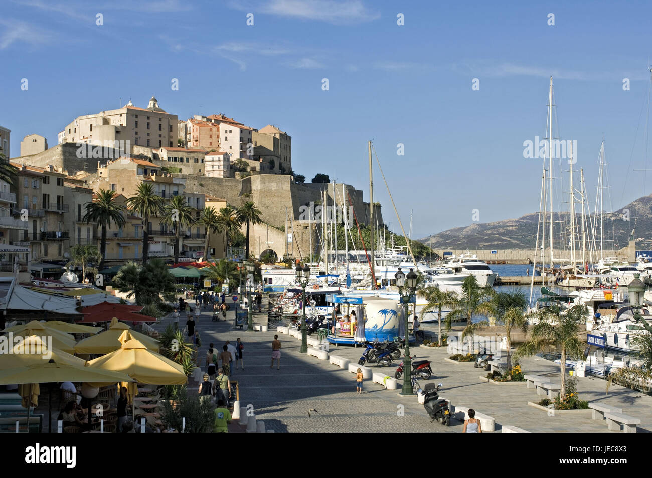 France, Corsica, Calvi, town view, stronghold, harbour promenade Stock ...