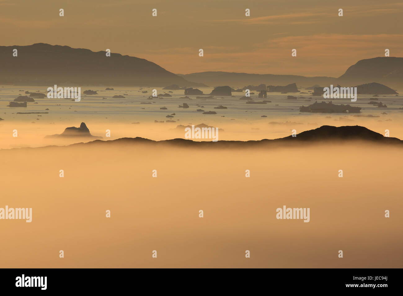 Greenland, Disco Bay, Ilulissat, fjord, disco island, icebergs, evening ...