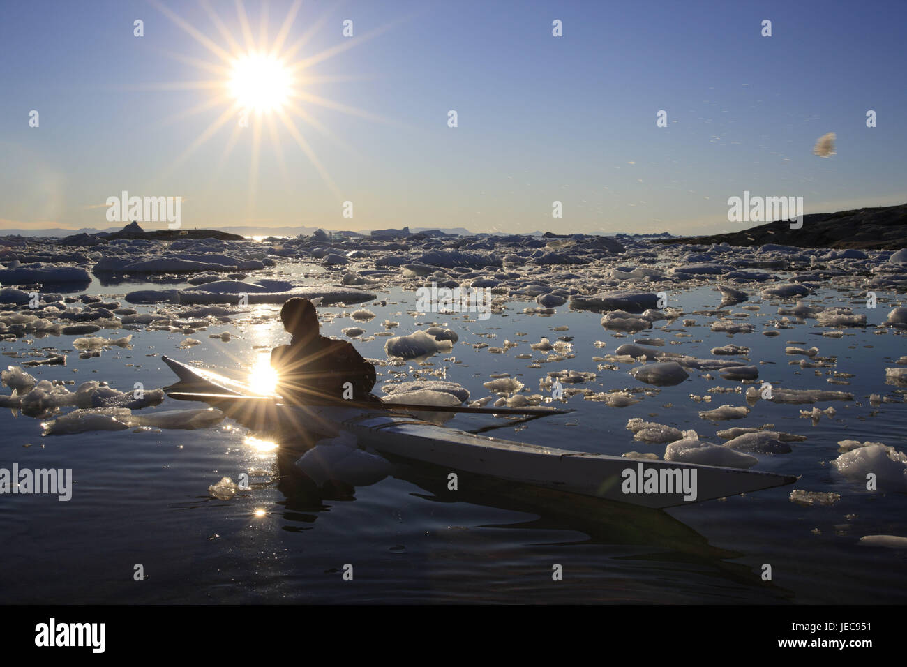 Greenland, Disco Bay, Ilulissat, Inuit, kayak, floes, back light, no ...