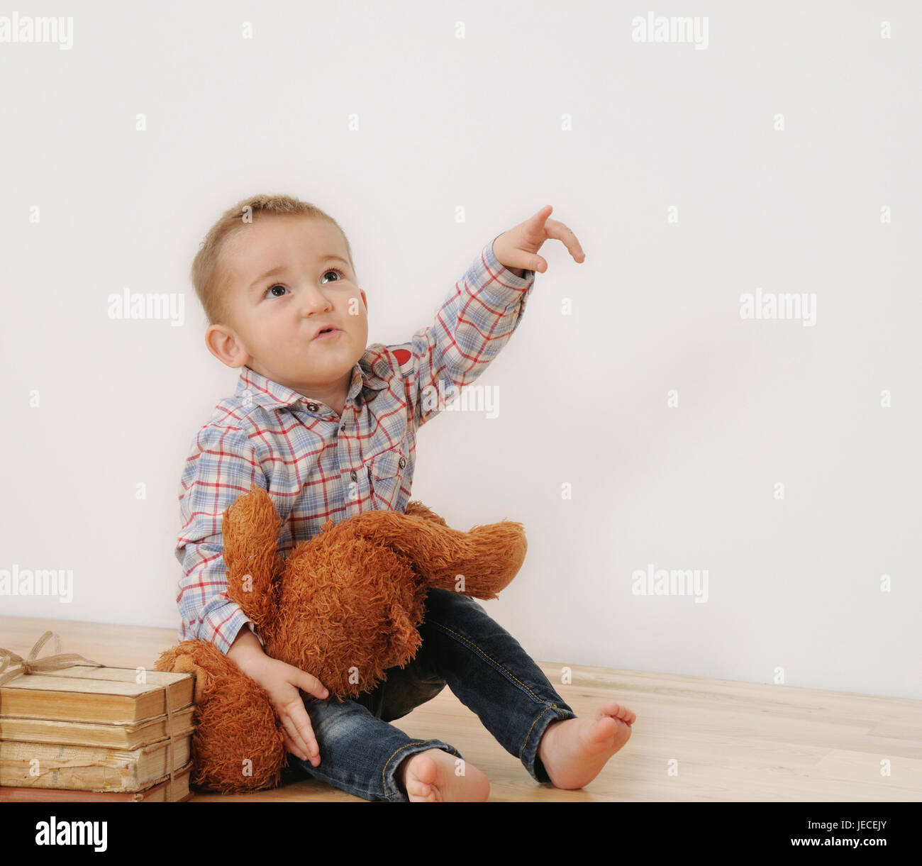 studio shot of little boy point his finger with his toy and books ...