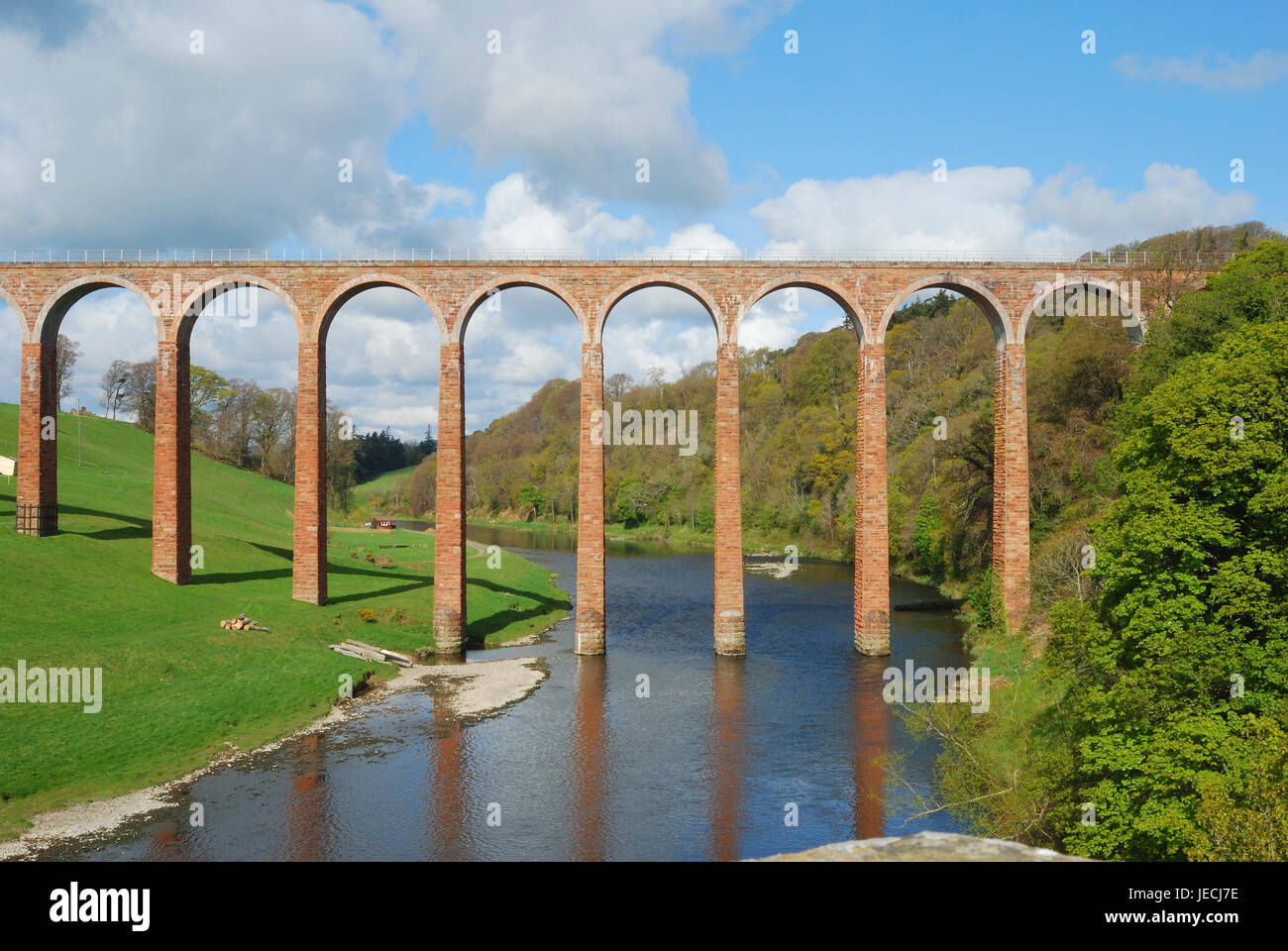 old bridge over river Tweed looking upriver near Melrose at Leaderfoot ...