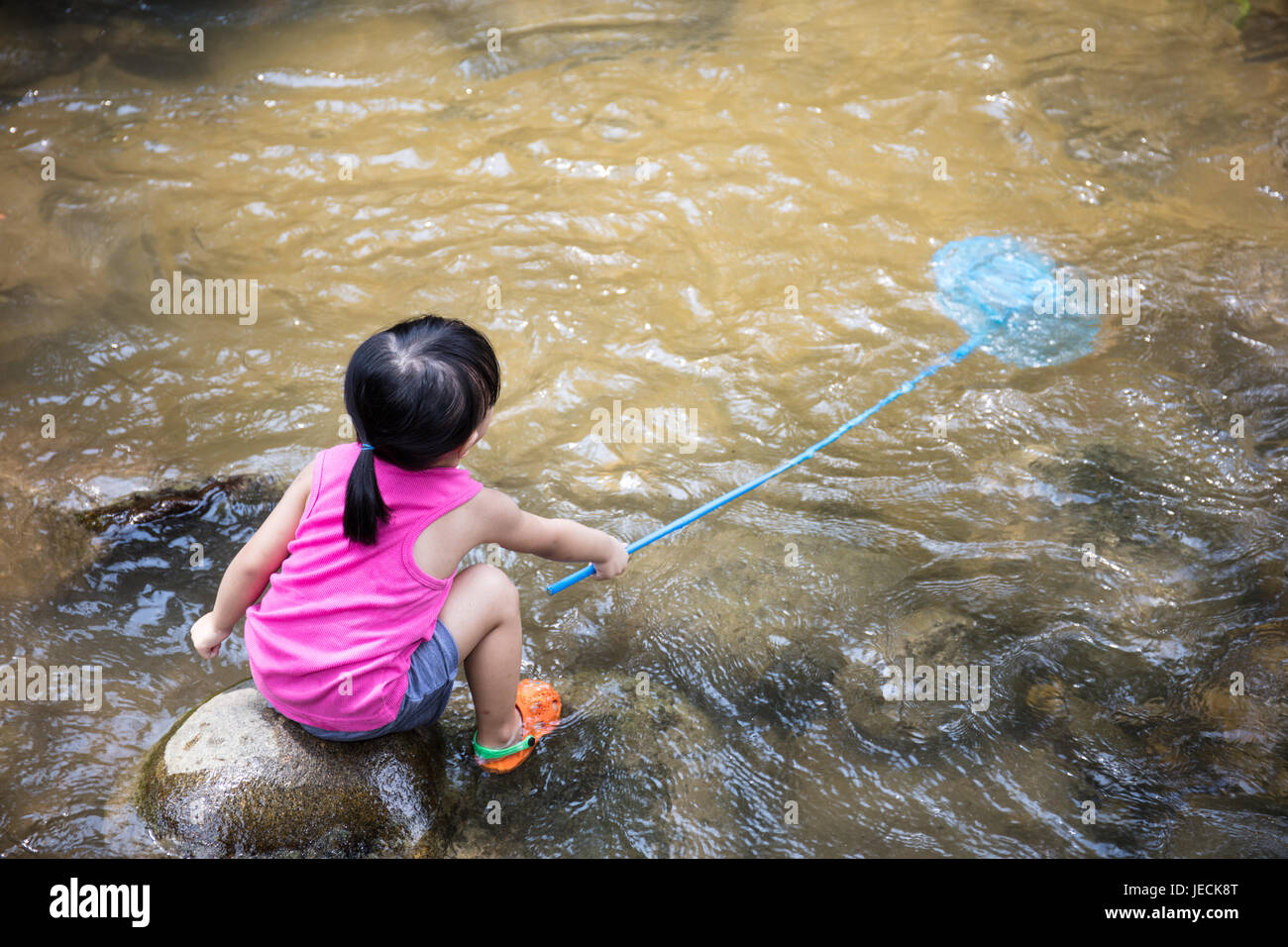 Asian Chinese little girl catching fish with fishing net in the creek ...