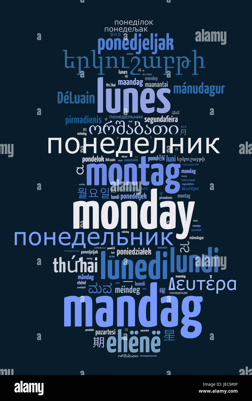 Word Monday in different languages word cloud concept in heart shape ...
