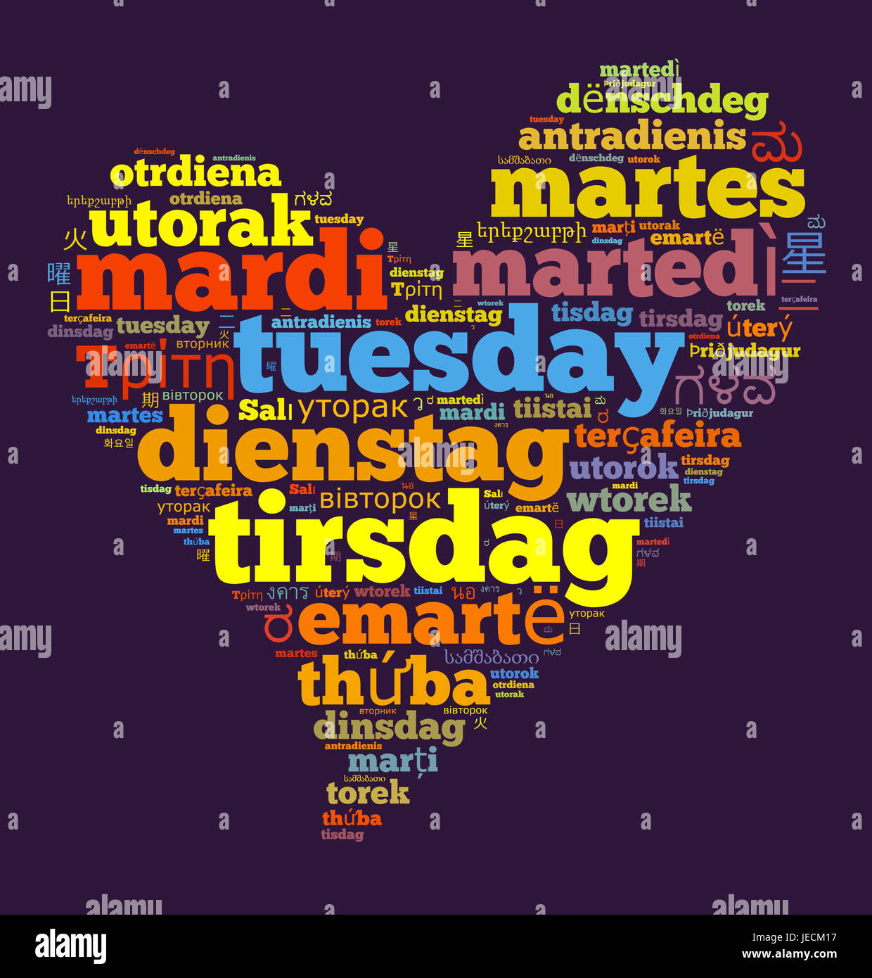 Word Tuesday in different languages word cloud concept in heart shape ...