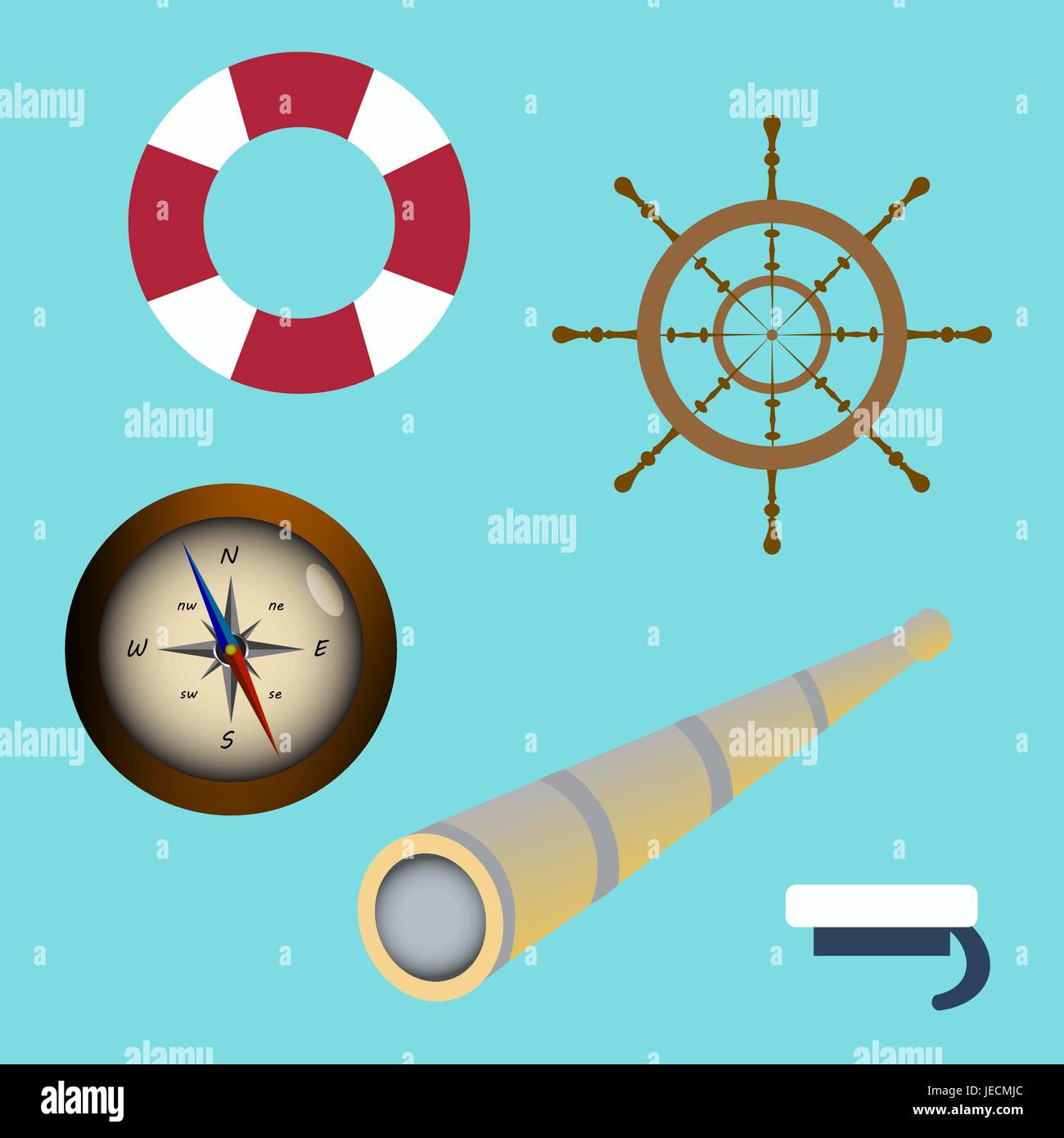 Sea icon set spyglass, compass, sailors cap, lifebuoy, wheel. vector ...