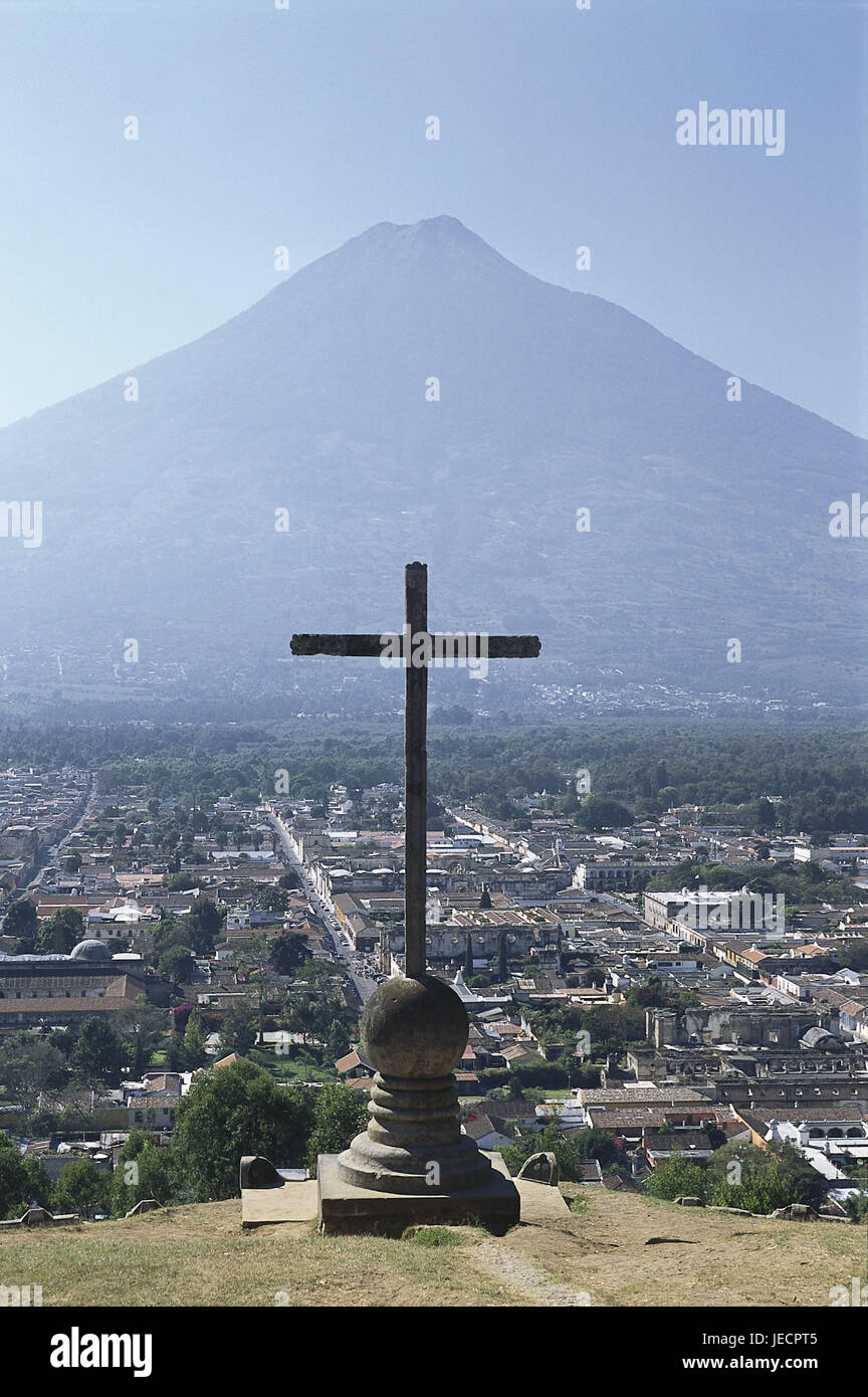 Guatemala, Antigua Guatemala, Cerro de la Cruz, cross, view, volcano ...