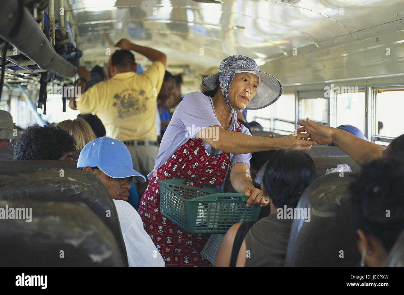 Belize, Belize town, coach, passengers, woman, sales, drinks, snacks ...