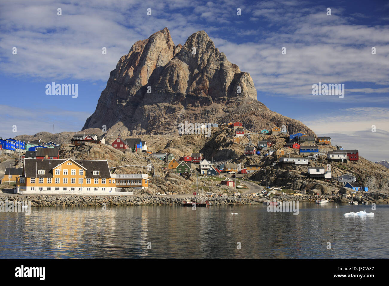 Greenland, Uummannaq, local view, timber houses, heart mountain, fjord ...