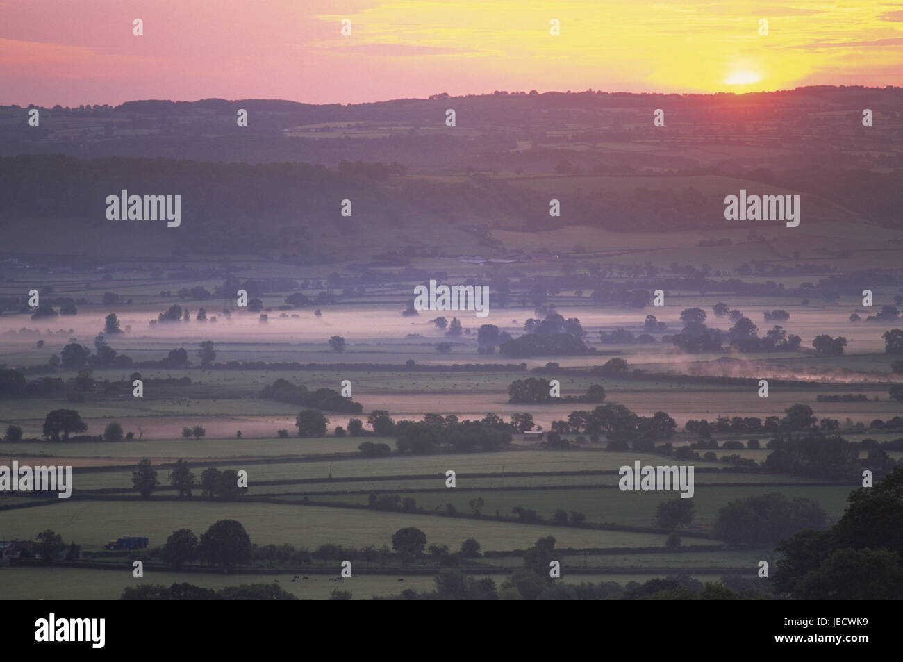 Great Britain, England, Somerset, scenery, fields, view, foggy, sundown ...