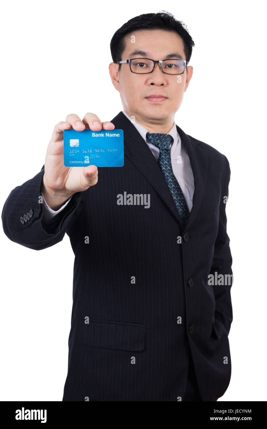 Smart Asian Chinese man wearing suit and holding credit card in ...