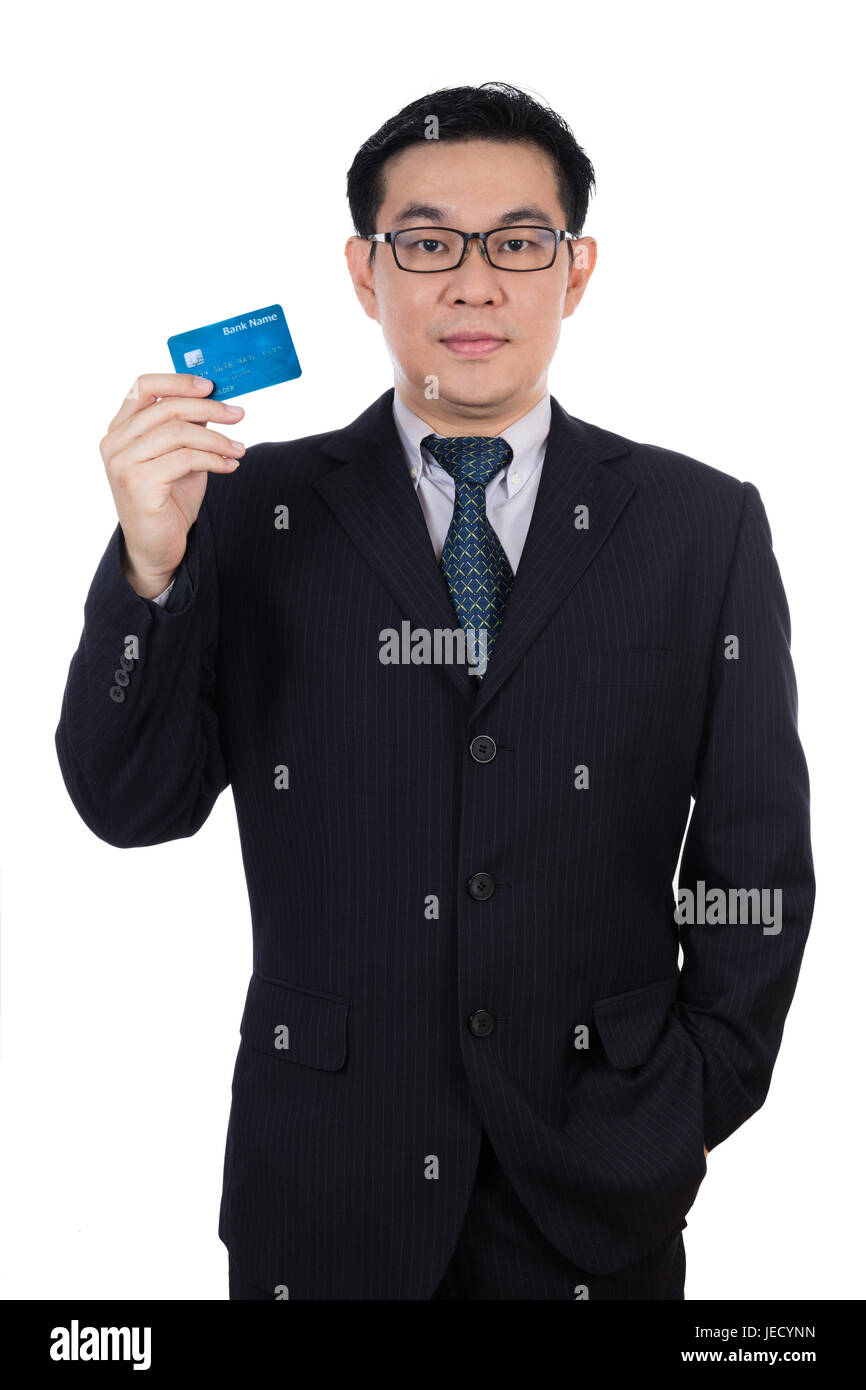 Smart Asian Chinese man wearing suit and holding credit card in ...