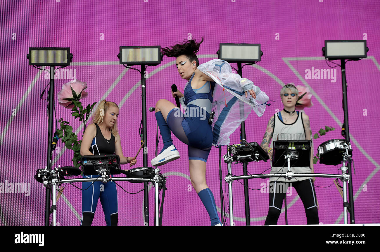 Charli XCX performs on the Other Stage at the Glastonbury Festival, at ...