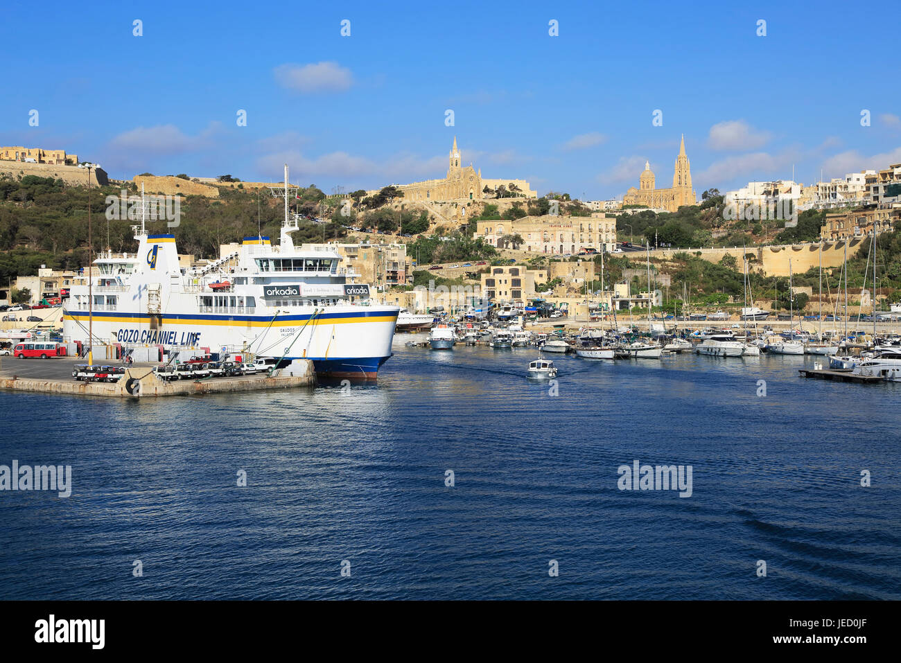 View from Gozo Channel Line ferry ship approaching port of Mgarr, Gozo ...