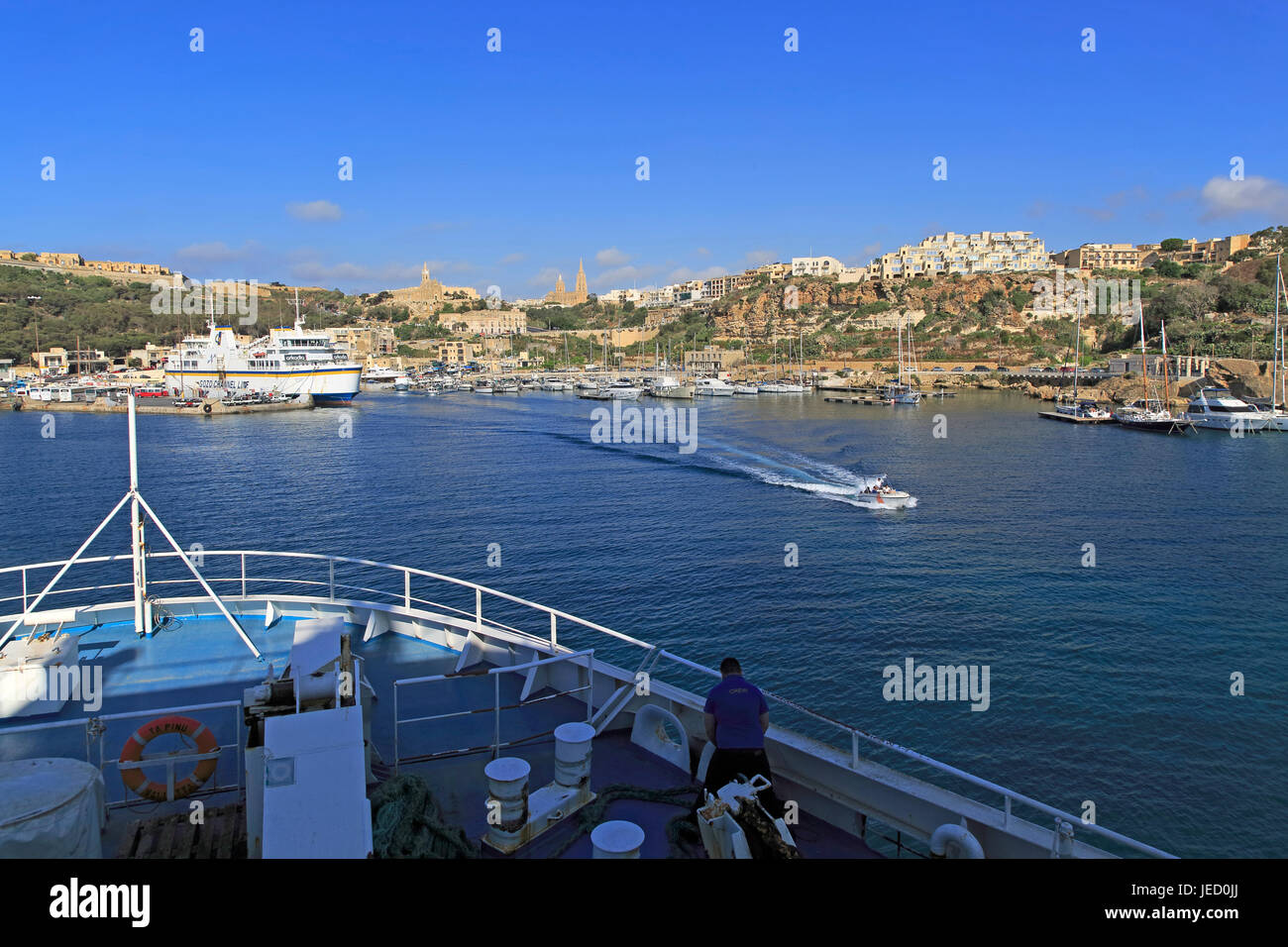 Bow of Gozo Channel Line ferry ship approaching Mgarr, Gozo, Malta ...