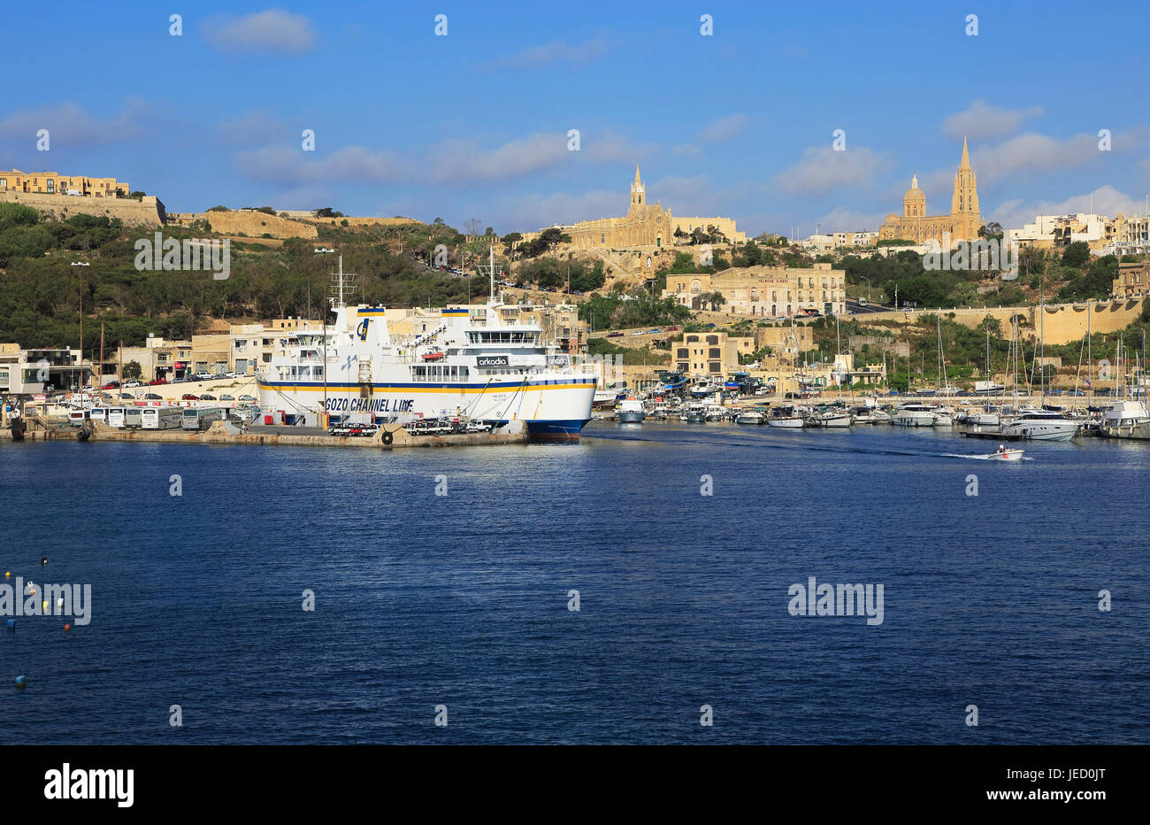 View from Gozo Channel Line ferry ship approaching port of Mgarr, Gozo ...