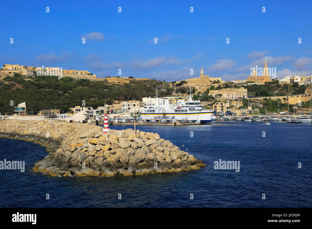 View from Gozo Channel Line ferry ship approaching port of Mgarr, Gozo ...