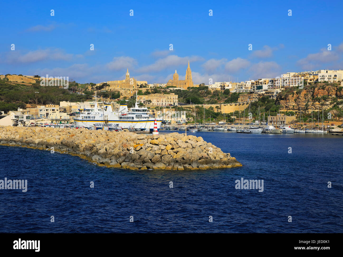 View from Gozo Channel Line ferry ship approaching port of Mgarr, Gozo ...