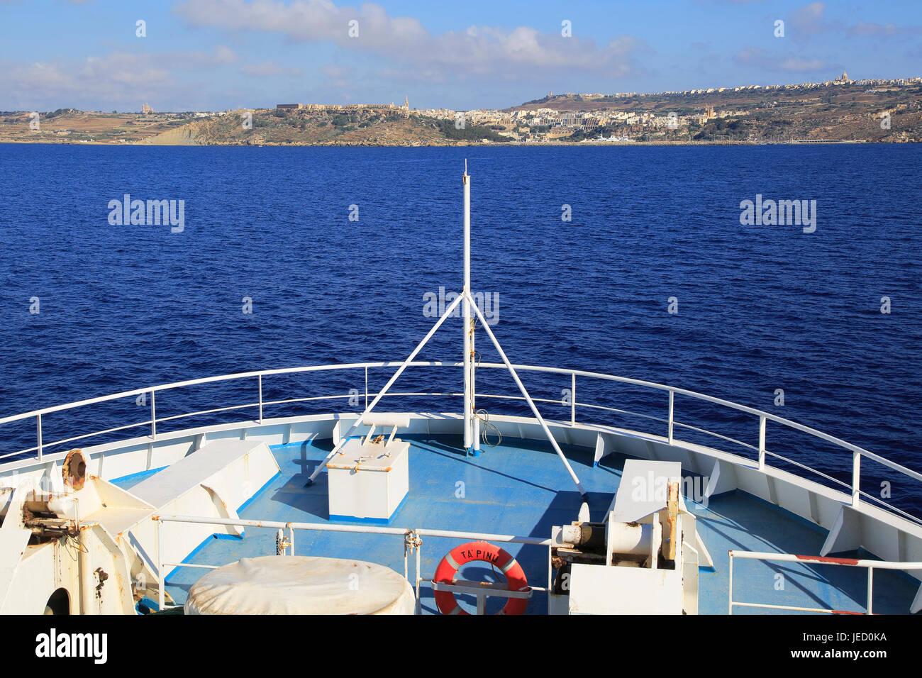 Bow of Gozo Channel Line ferry ship approaching Mgarr, Gozo, Malta ...