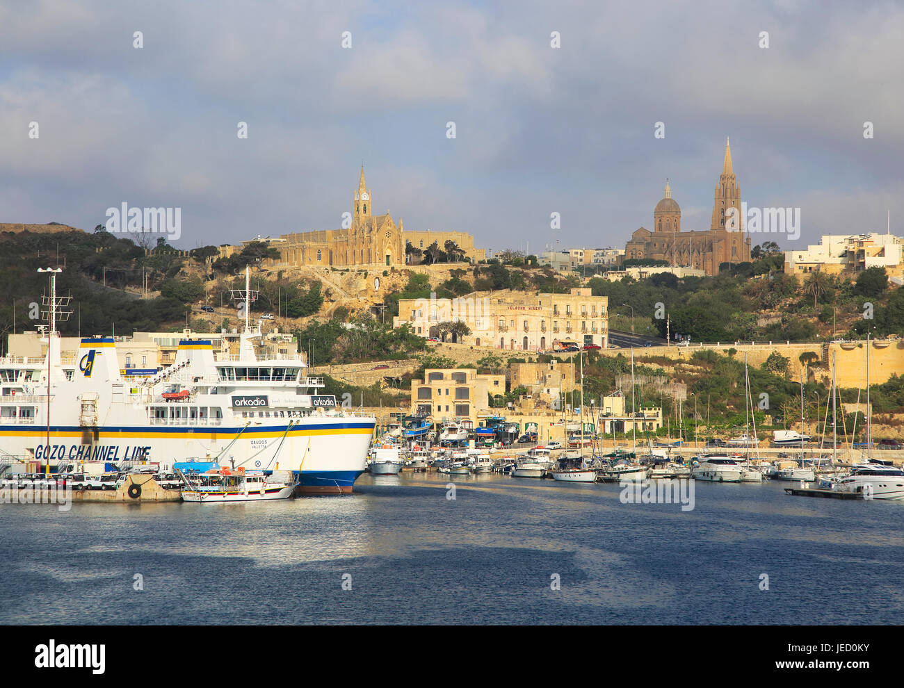 View from Gozo Channel Line ferry ship approaching port of Mgarr, Gozo ...